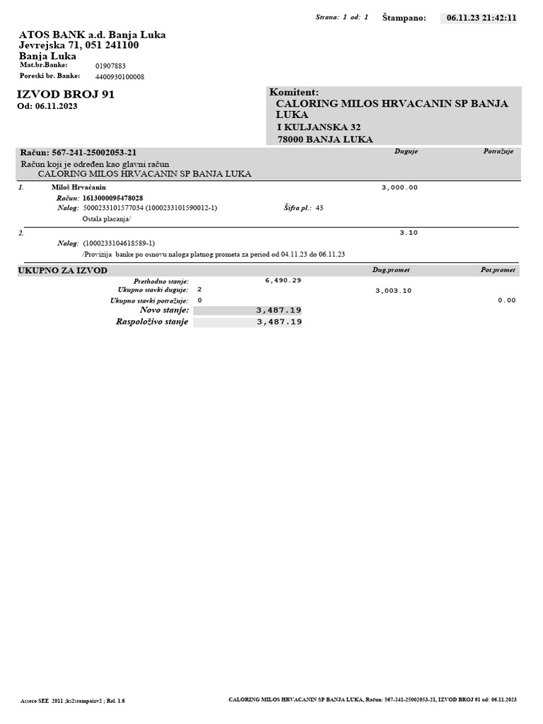 Izvod Broj 91: ATOS BANK A.D. Banja Luka Jevrejska 71, 051 241100 Banja Luka | PDF