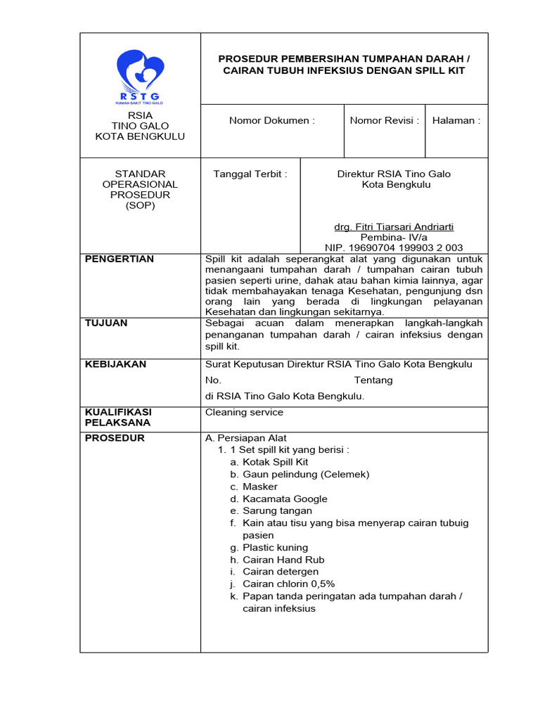 Sop Prosedur Pembersihan Tumpahan Darah Dan Cairan Tubuh Infeksius Dengan Spill Kit | PDF