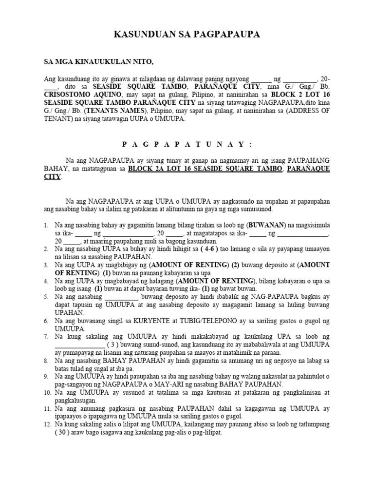 Kasunduan Sa Renta | PDF