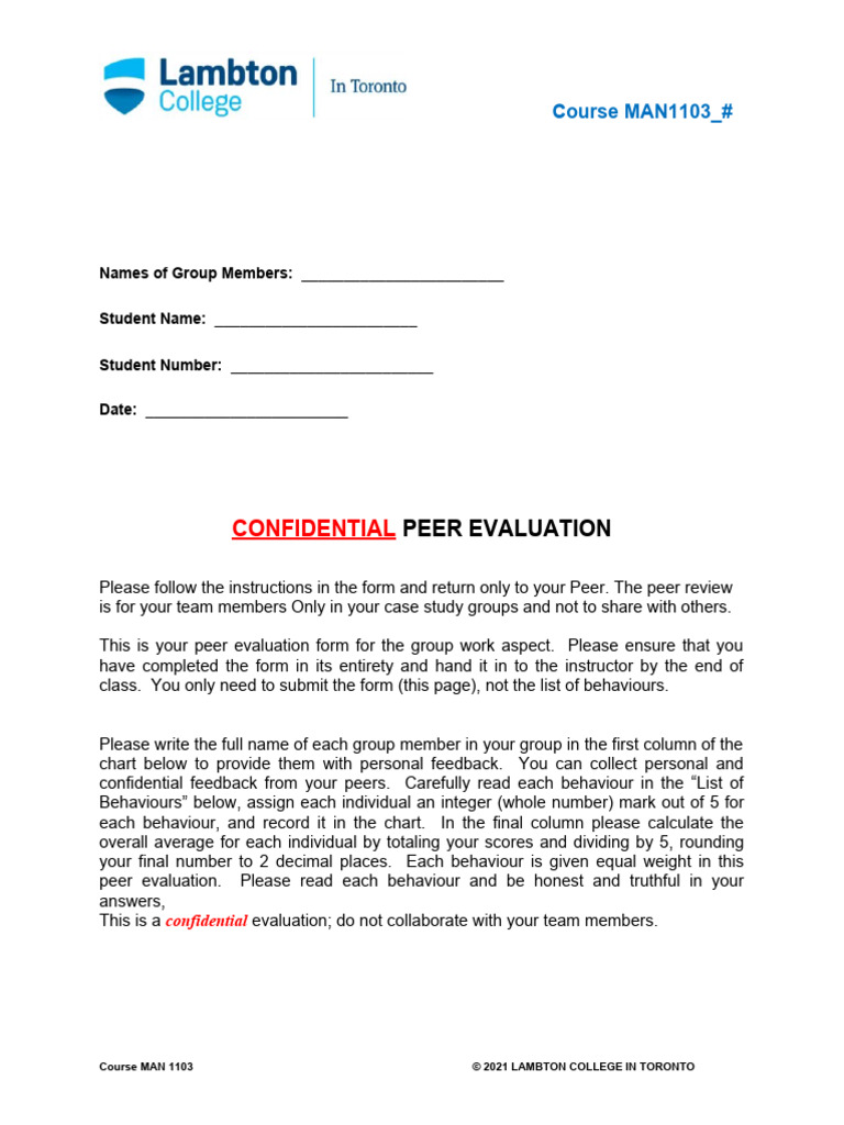 MAN1103 Confidential Peer Evaluation Form | PDF