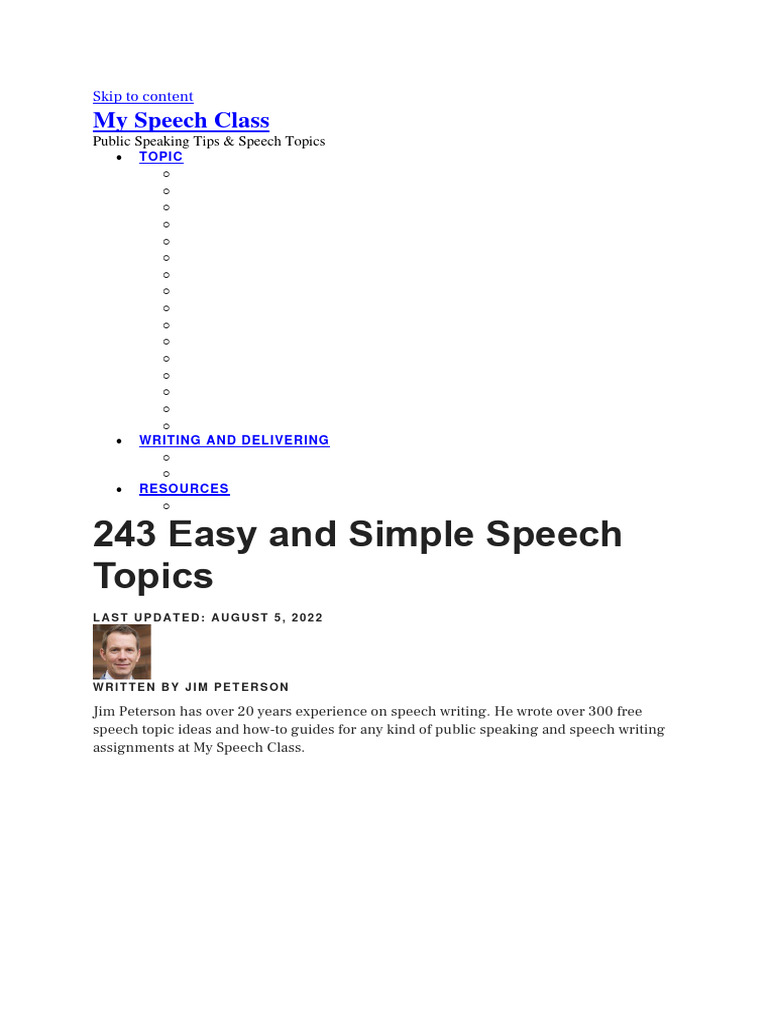243 Easy and Simple Speech Topics | PDF | Obesity | Pet