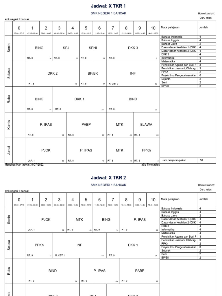 Jadwal Kelas SMT Ganjil Plus JML Jam | PDF