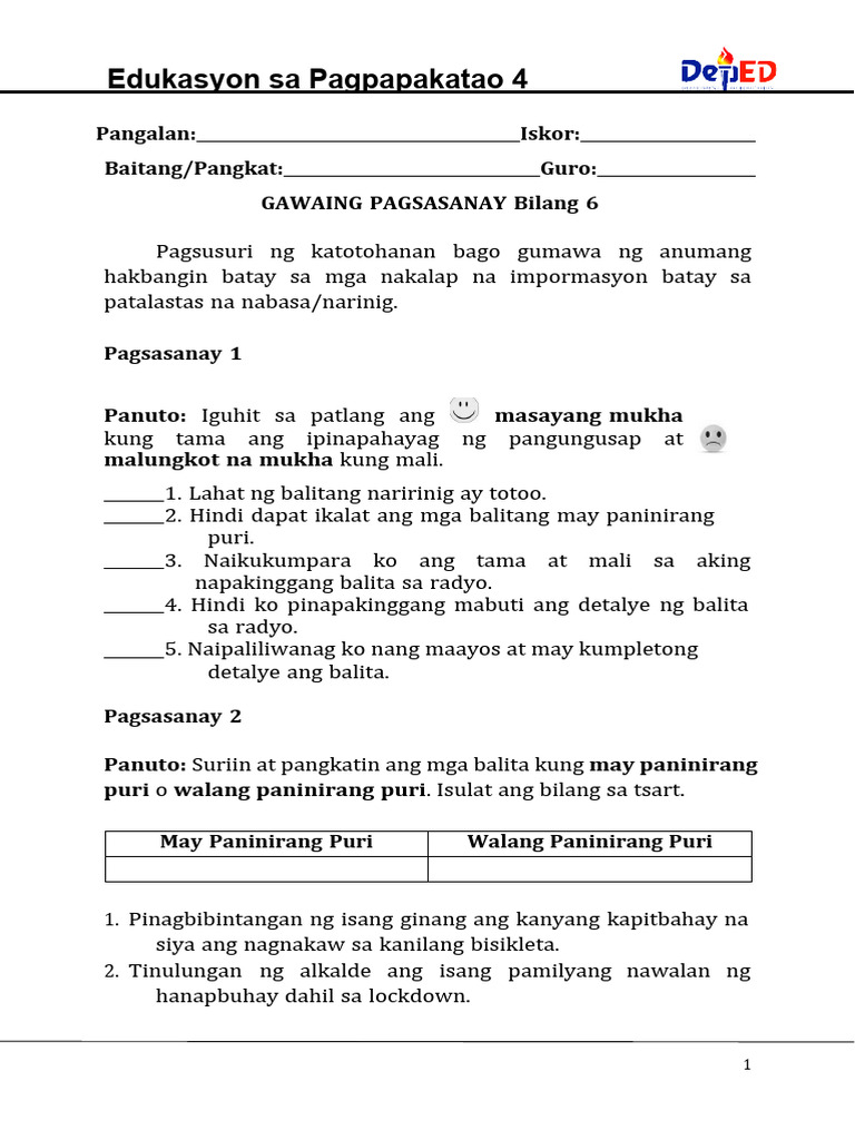 EsP 4-Q1-G.Pagsasanay-6 | PDF