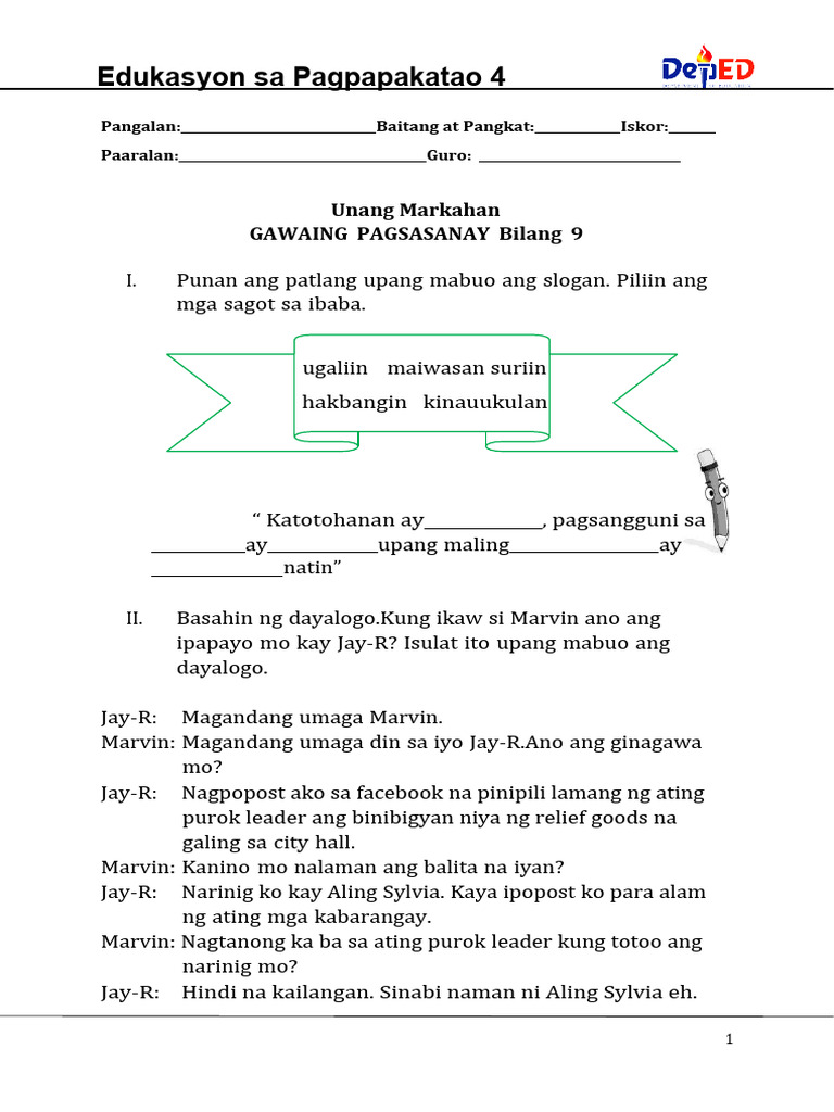 EsP 4-Q1-G.Pagsasanay-9 | PDF