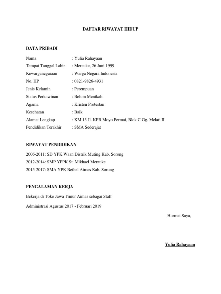 CV Yulia Rahayaan: Data Pribadi & Pendidikan | PDF