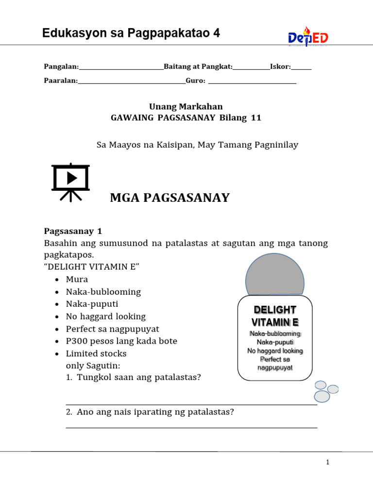 EsP 4-Q1-G.Pagsasanay-11 | PDF