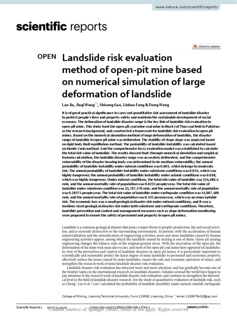 Landslide Risk Evaluation Method of Open-Pit Mine | PDF