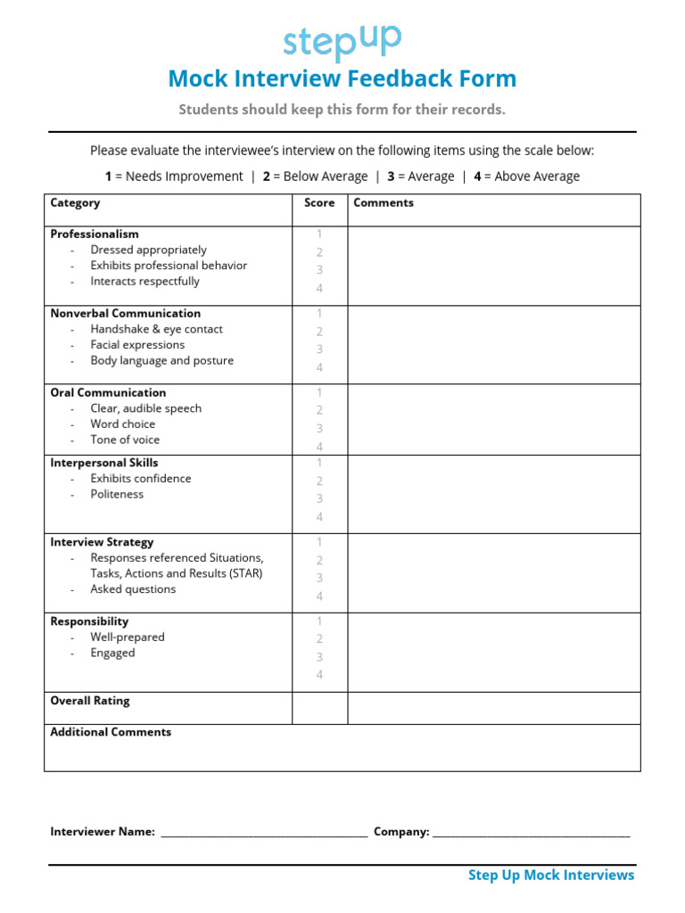 2019 Step Up Mock Interview Feedback Form 1 | PDF
