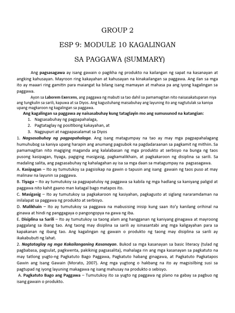 Esp 9 Module 10 Kagalingan Sa Paggawa Summary Group 2 | PDF