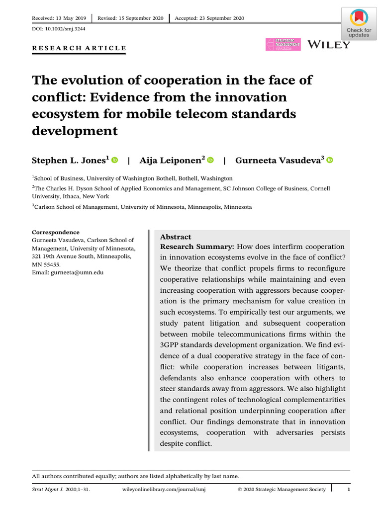 Jones Et Al 2020 SMJ - THe Evolution of Cooperation | PDF