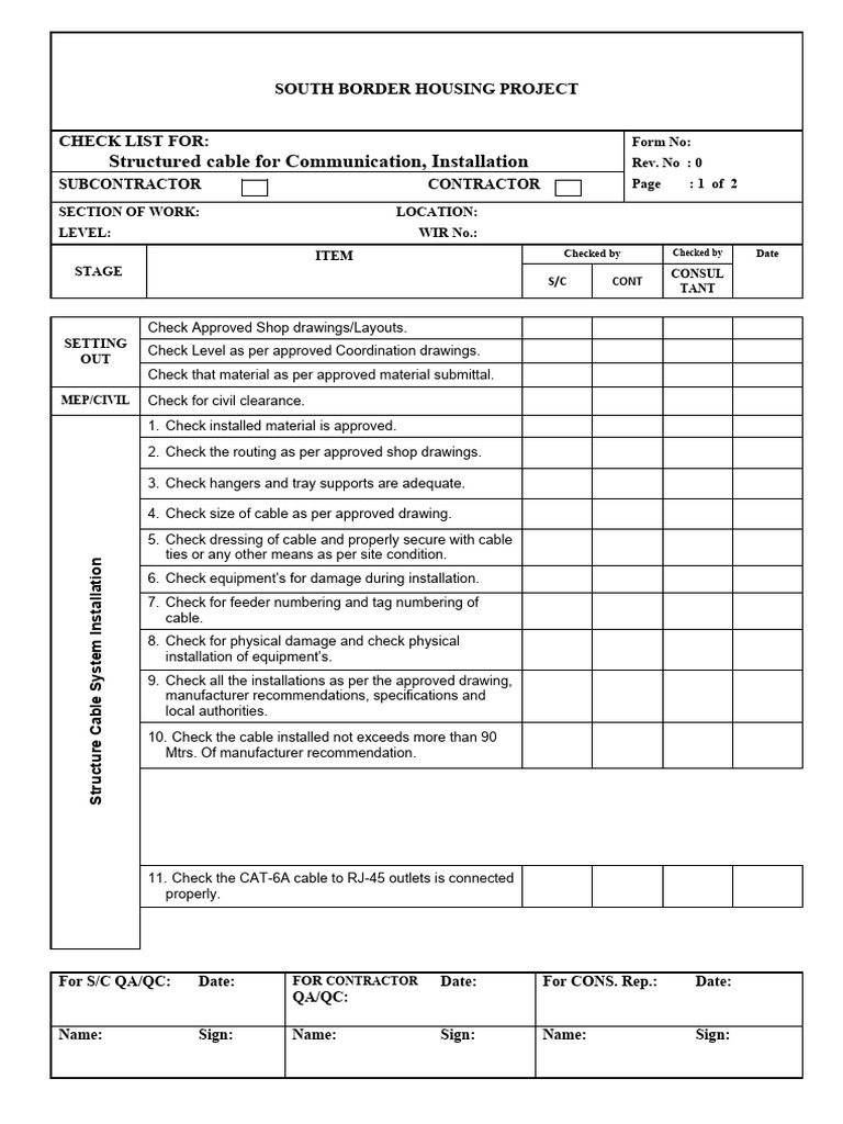 Checklist For Installation Of Structural Cabling Pdf