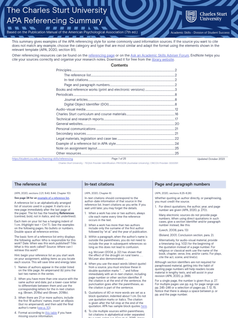 Charles-Sturt-University-APA-7th-ed.-Referencing-Summary | PDF
