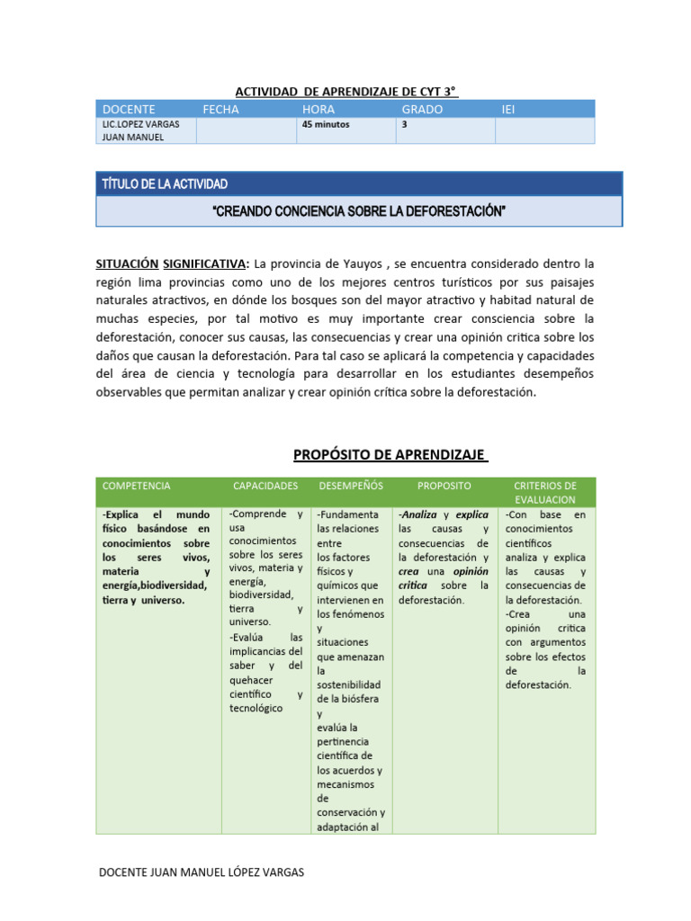 Docente Fecha Hora Grado IEI: Actividad de Aprendizaje de Cyt 3° | Descargar gratis PDF ...