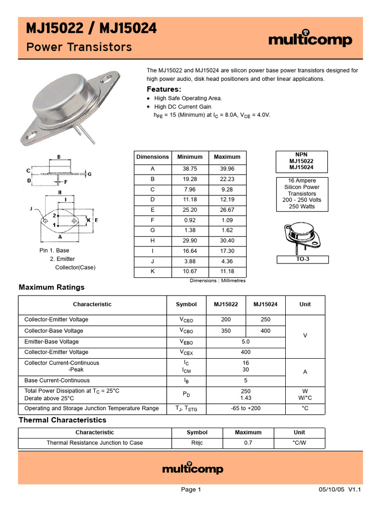 MJ15022/MJ15024 Power Transistor Specs | PDF