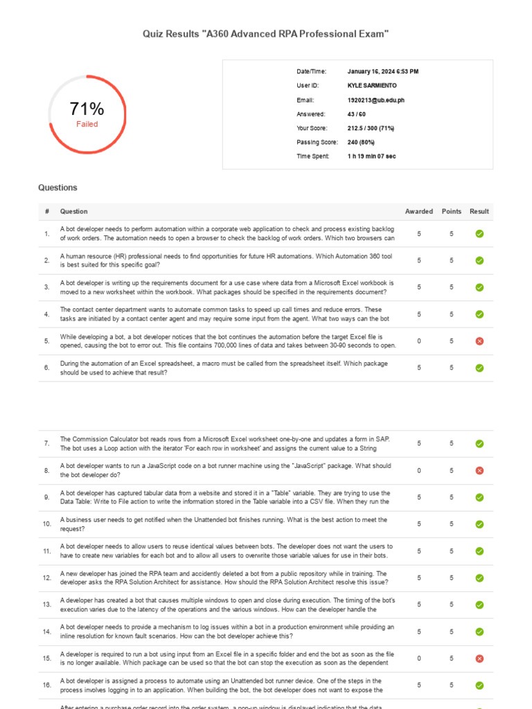A360 Advanced RPA Exam Results | PDF | Microsoft Excel | File Transfer ...