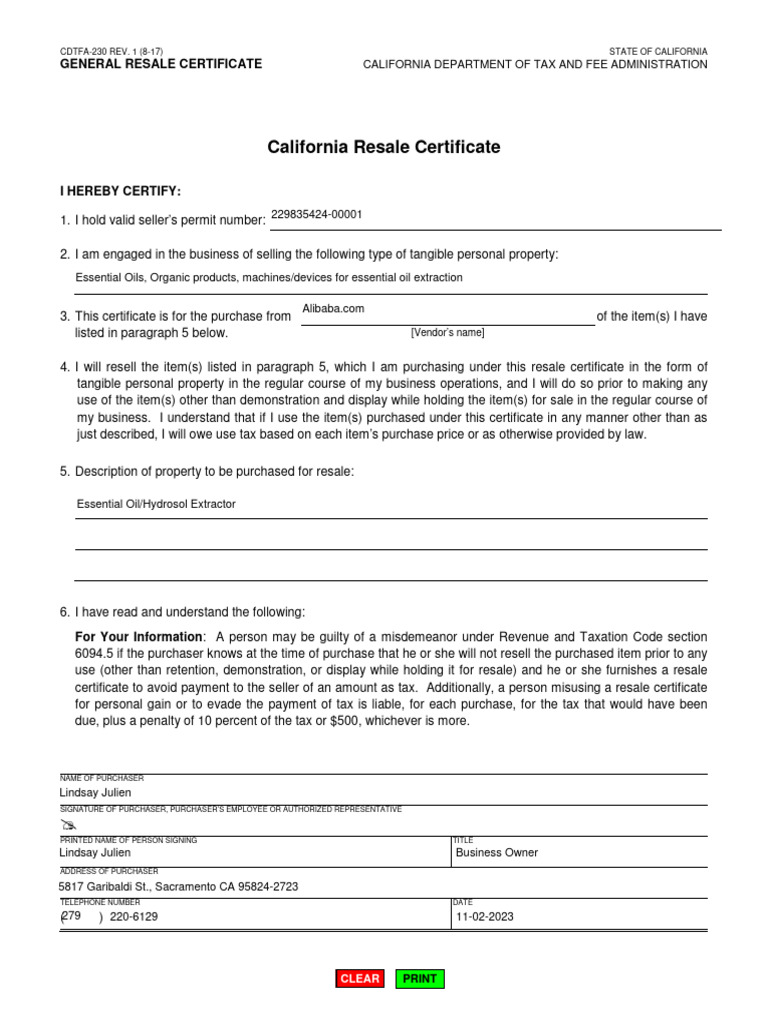 California General Resale Certificate | PDF | Taxes | Use Tax