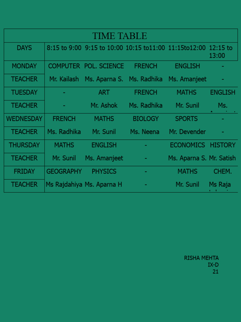 Class IX-D Weekly Schedule | PDF