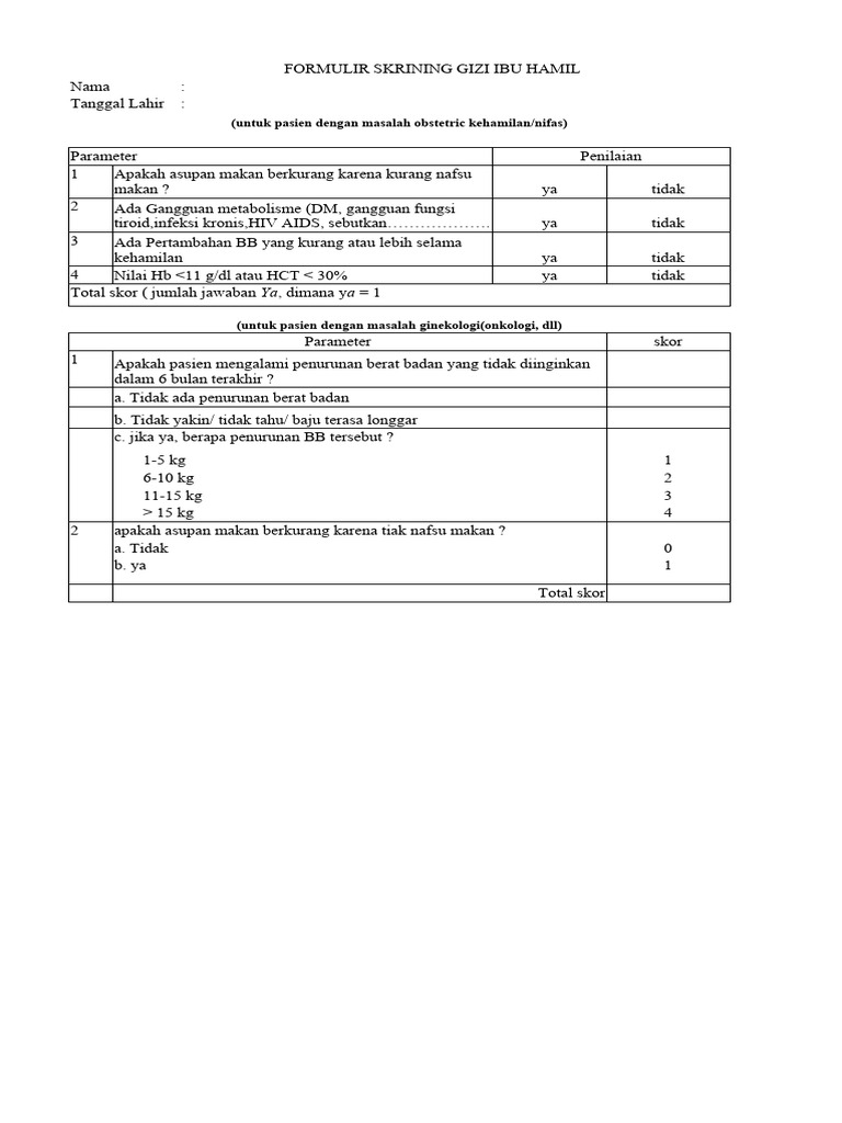 Formulir Skirining Gizi Rawat Inap | PDF