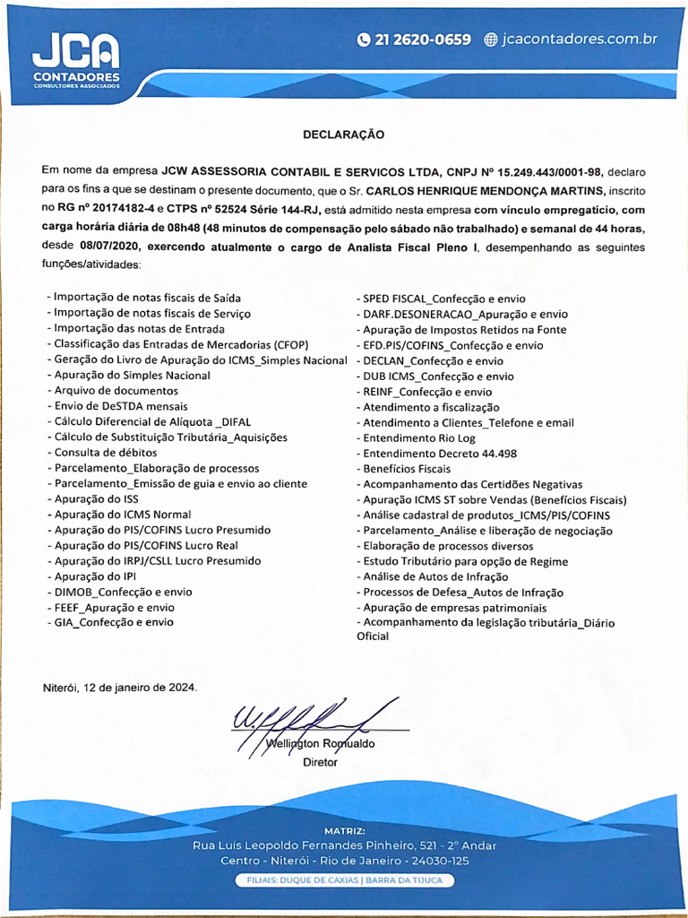 DeclaracÌ Aì - o de Trabalho | PDF