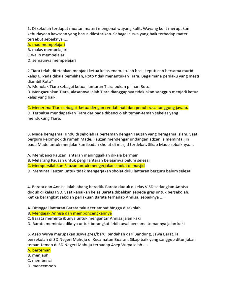 Soal Persiapan Ujian Kelas 6 SD Mata Pelajaran PKN | PDF