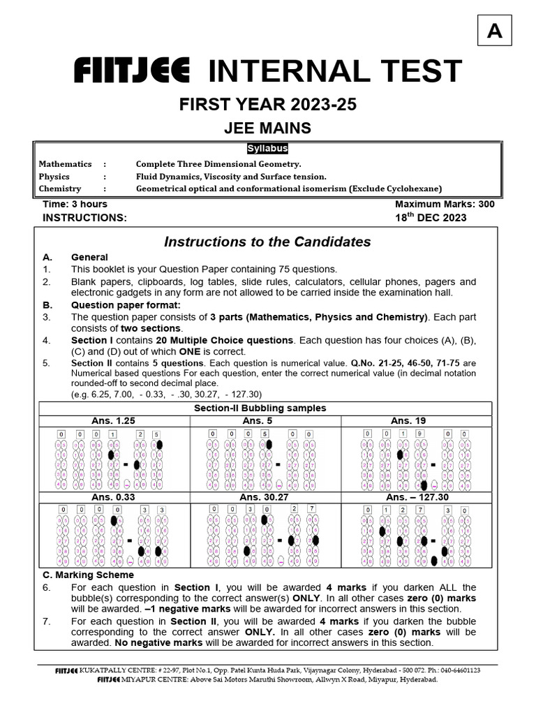(SET-A) JR MAINS MODEL Ex. Dt. 18-12-2023 - Q.P | PDF | Liquids | Surface Tension