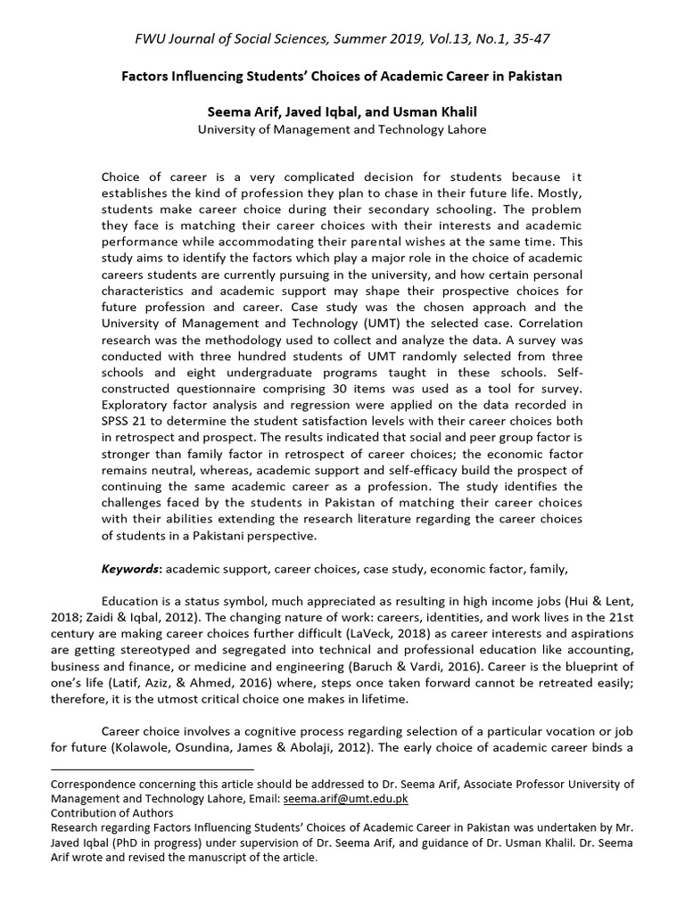 Factors Influencing Academic Career Choices in Pakistan | PDF | Factor ...
