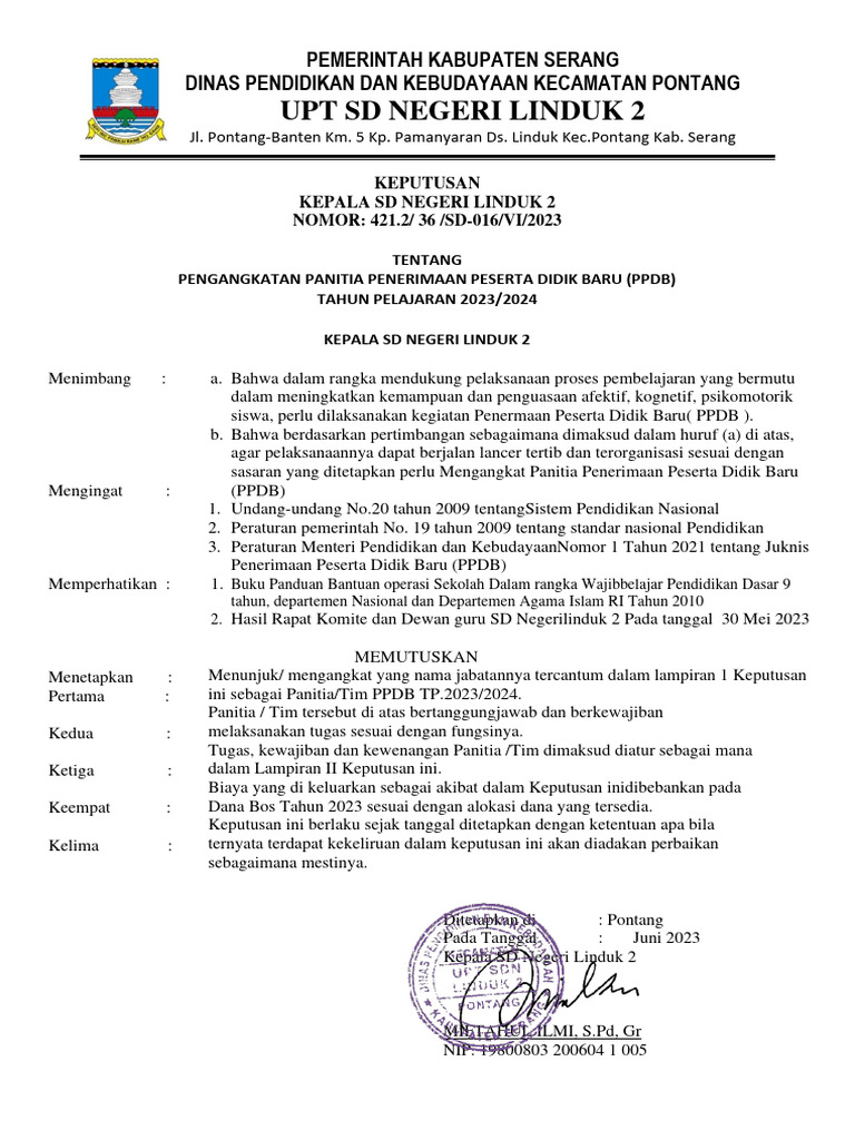 SK Panitia PPDB 2023 SDN Linduk 2 | PDF