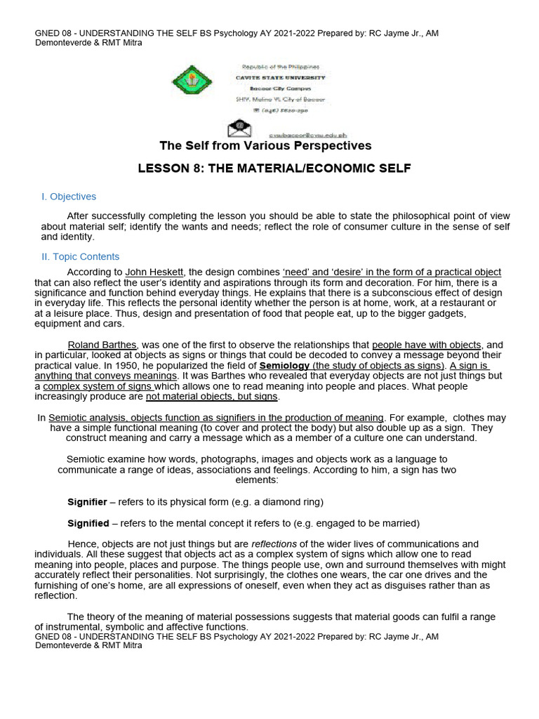 LESSON 8 - Material Self | PDF