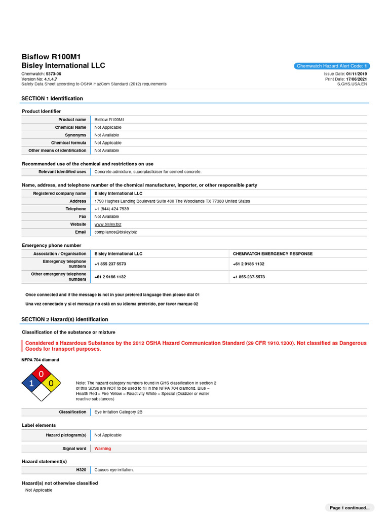 Bisflow R100M1 USA SDS Issued 01112019اطلاعات محصول0 | PDF | Dangerous ...
