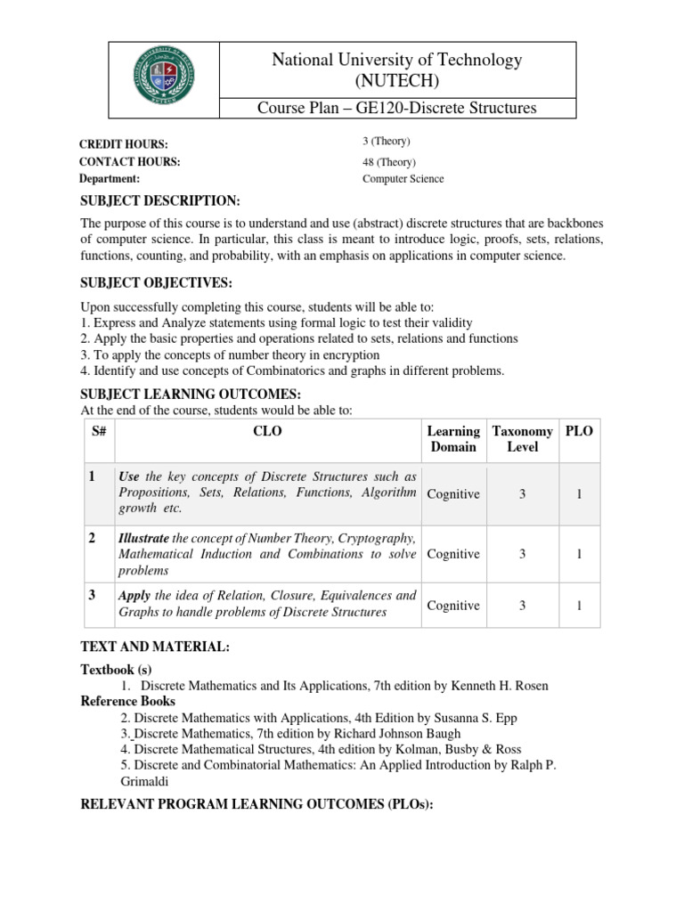 Course Plan - GE120 - Discrete - Structure | PDF | Discrete Mathematics | Mathematics