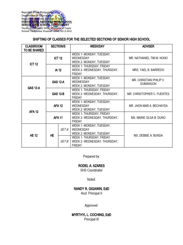 Schedule of Classes For The Following SHS Section | PDF