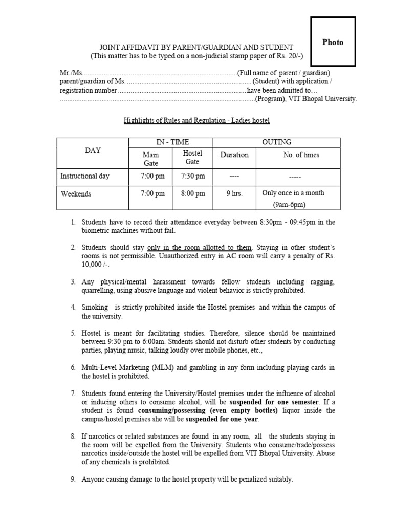 VIT Bhopal Joint Affidavit for Hostel | PDF | Surety | Justice