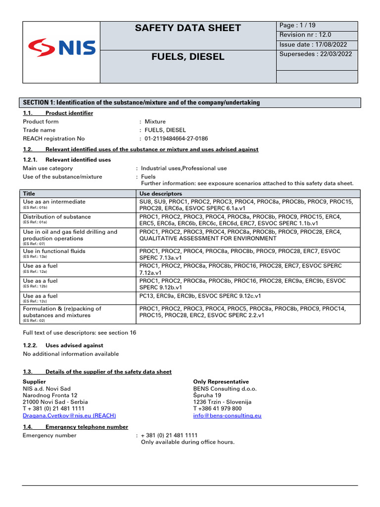 EN - SDS - FUELS DIESEL - GHS ANNEXII CLP - 2022817 - NIS A.D. Novi Sad ...