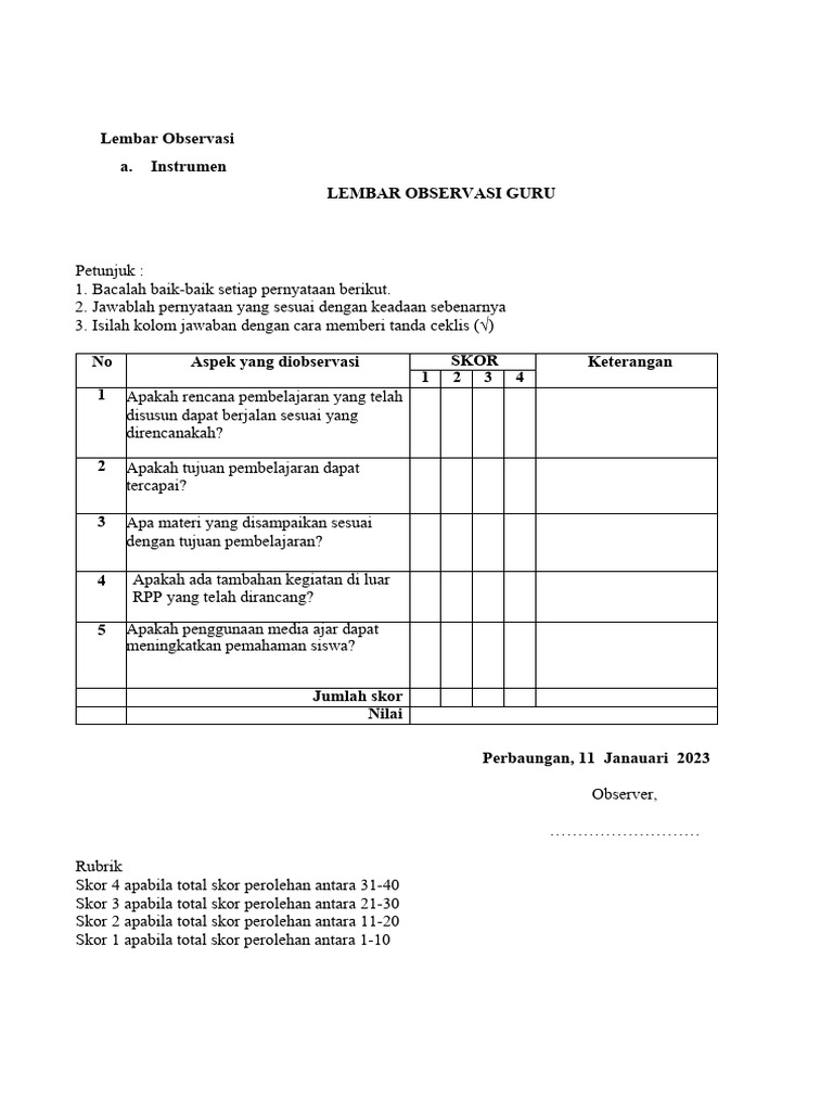 Lembar Ceklist Observasi | PDF