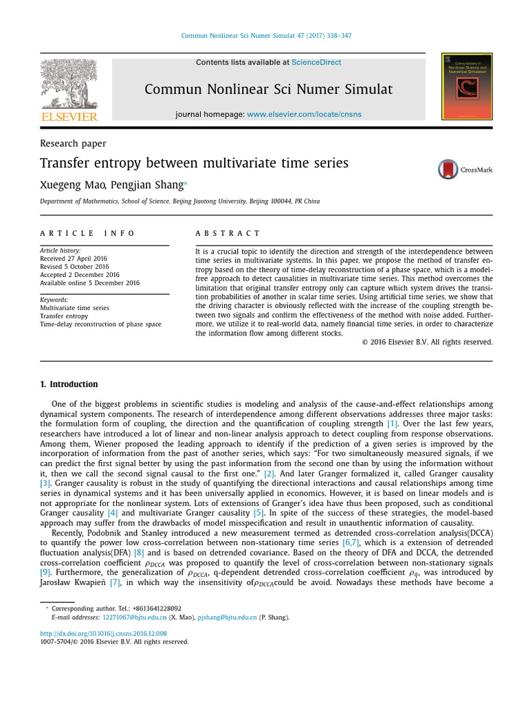 Commun Nonlinear Sci Numer Simulat: Xuegeng Mao, Pengjian Shang | PDF | Time Series | Time