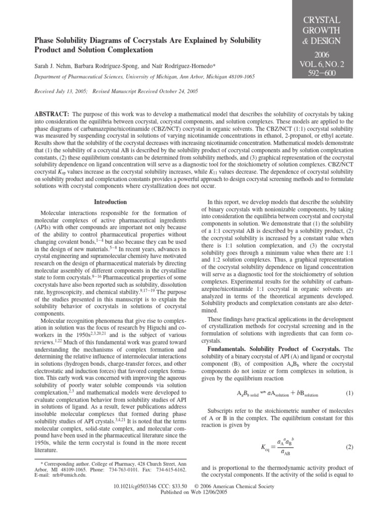 Phase Solubility Diagrams of Cocrystals Are Explained by Solubility Product and Solution ...