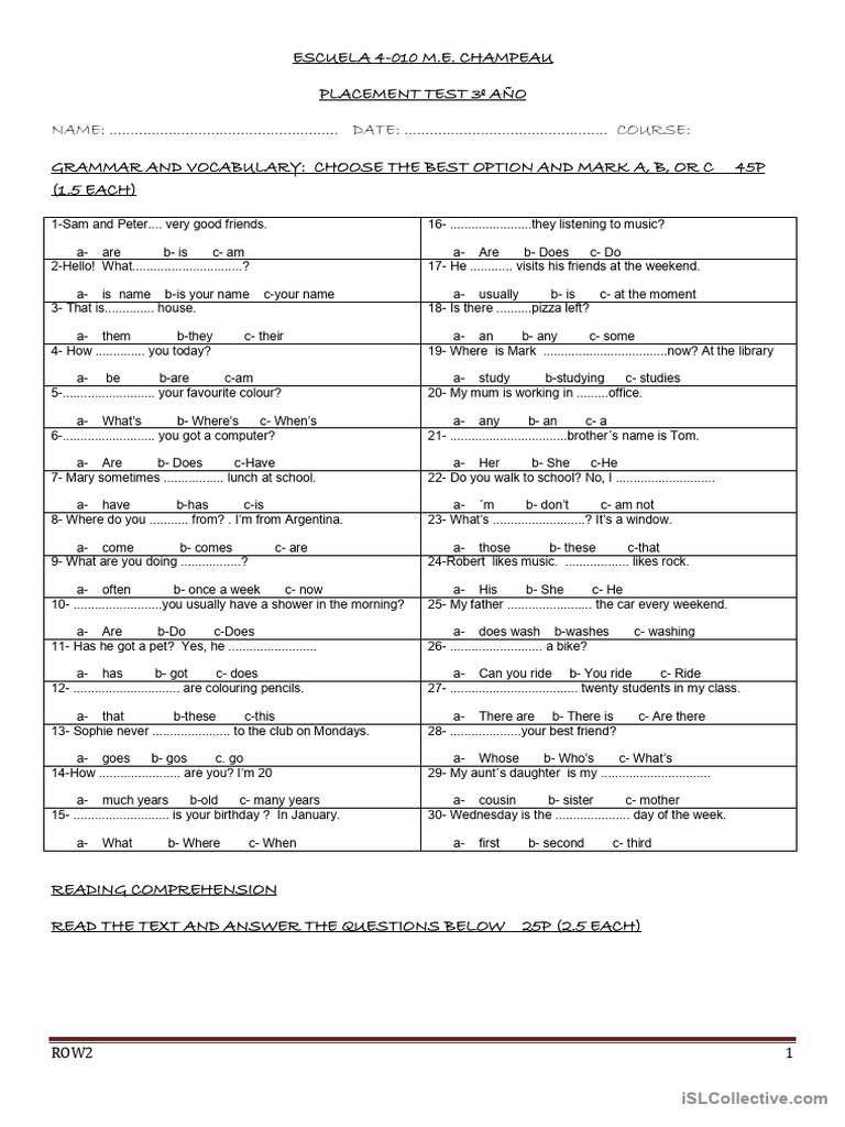 Placement Test Elementary | PDF