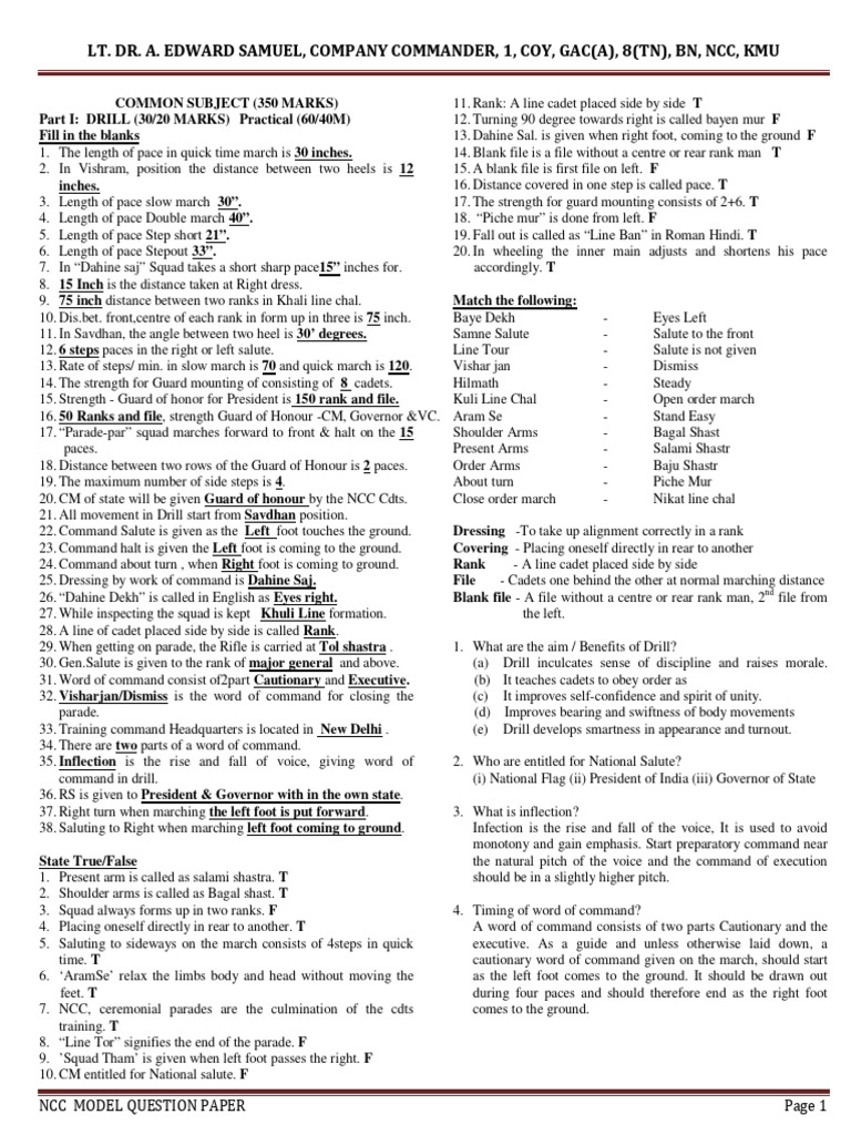 NCC Model Question Paper for Drill | PDF | Rifle | Gun Barrel