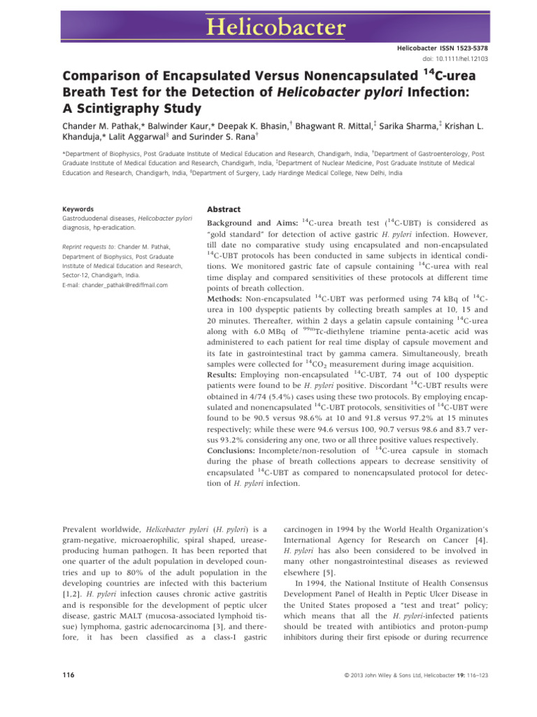 Comparision of encapsulated C 14 urea breath test | PDF | Epidemiology ...