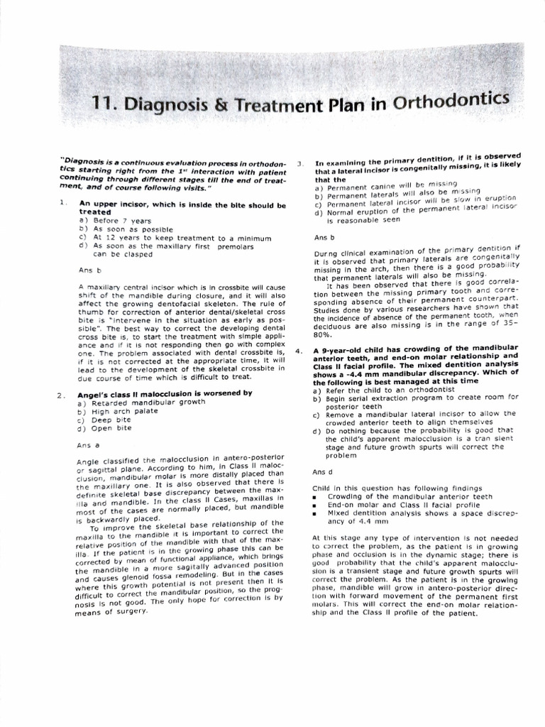 Diagnosis and Treatment Plan in Orthodontics MCQ | PDF