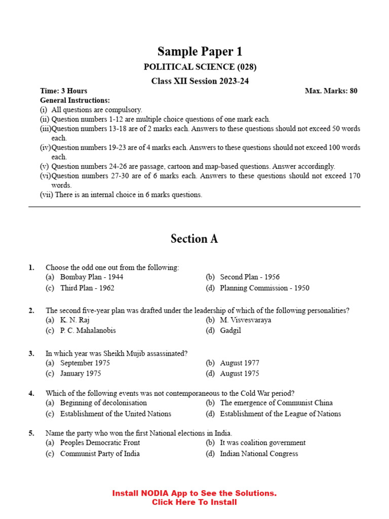 Class 12 Political Science Sample Paper | PDF | Nepal | Indian National ...