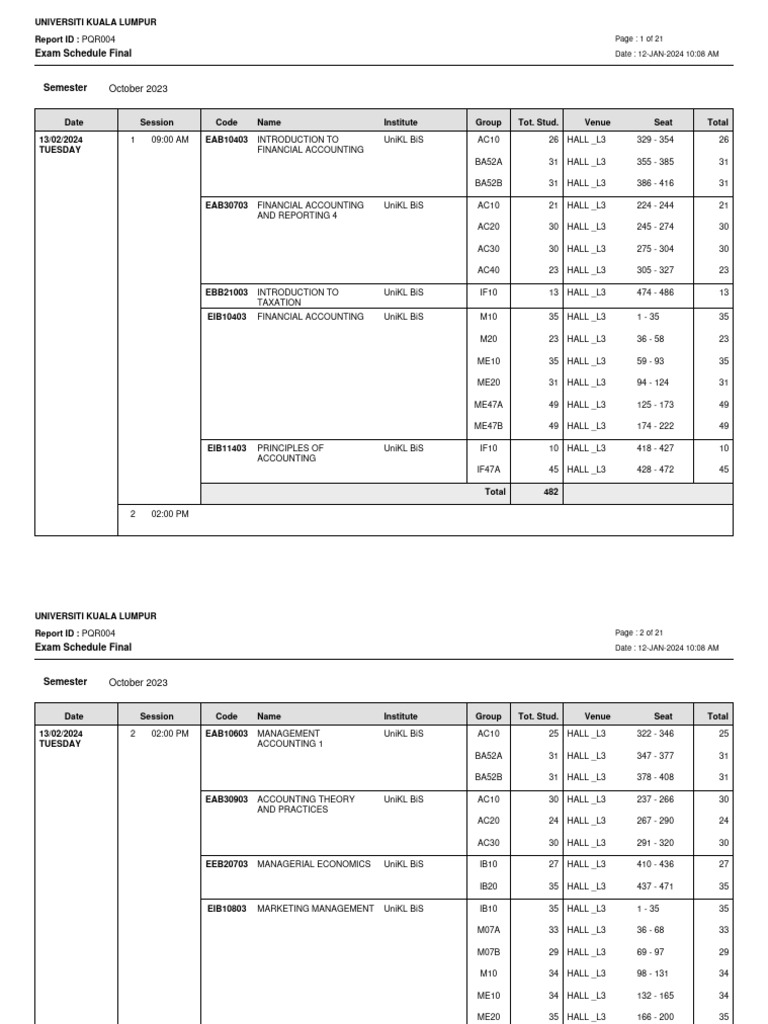 Exam Schedule Semester Oct 2023 - Final | PDF
