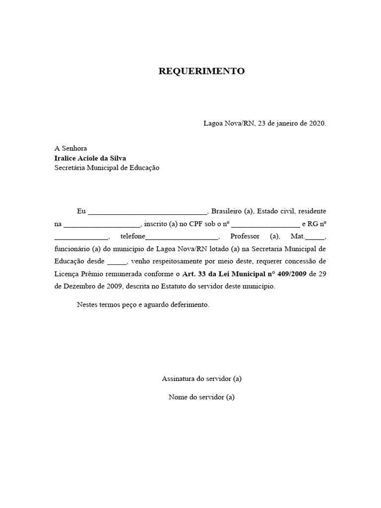 Requerimento Licença Premio Servidor Modelo | PDF Requerimento Licença Premio Servidor Modelo | PDF