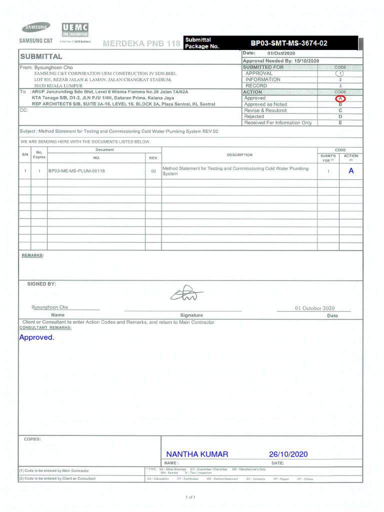 Method Statement For Testing And Commissioning Cold Water Plumbing System Rev02 Ktat Pdf