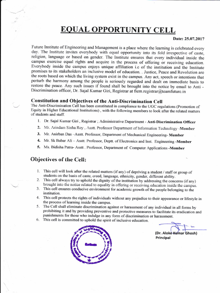 Equal Opportunity Cell For Inspection 2019 | PDF | Sexual Harassment | Complaint