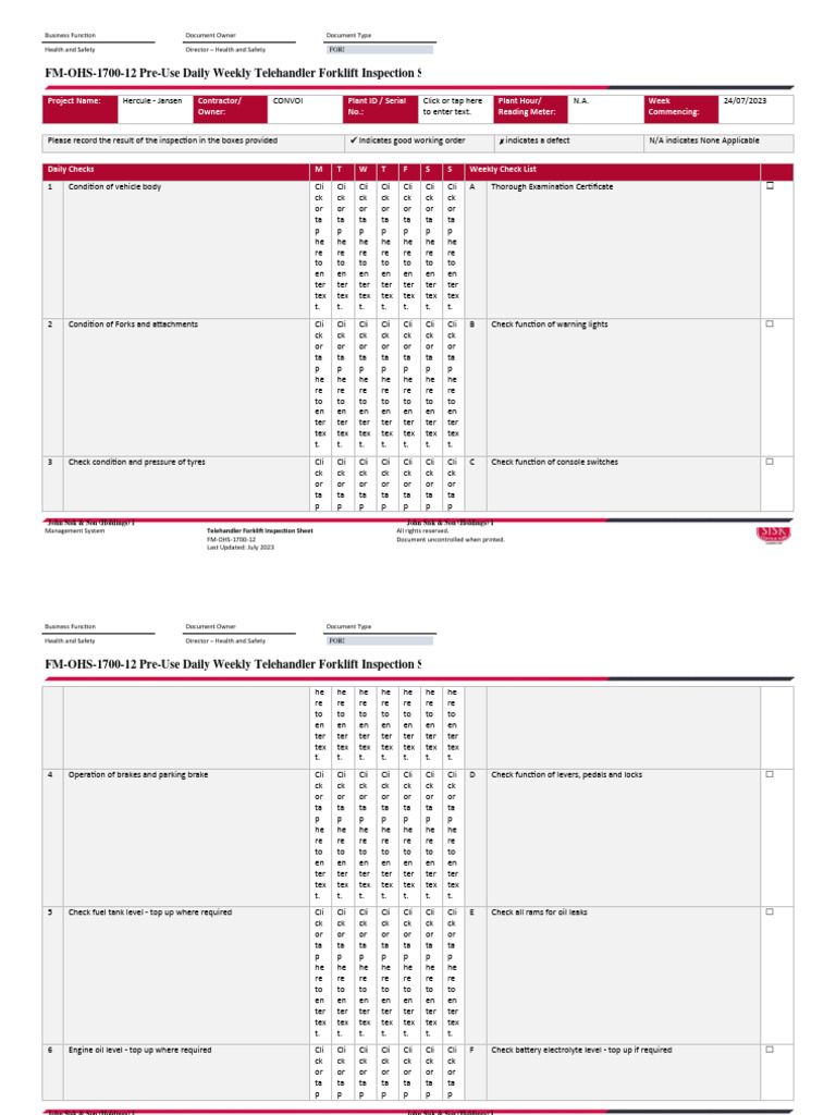 FM-OHS-1700-12 Pre-Use Daily Weekly Telehandler Forklift Inspection ...