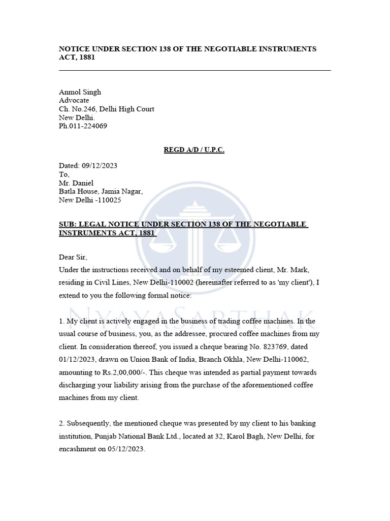 Notice Under Section 138 of The Negotiable Instrum225 | Download Free ...