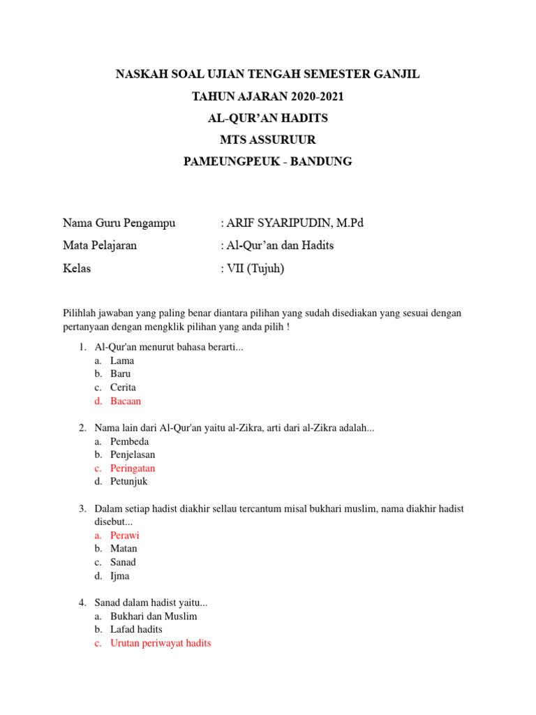 Qurdis Kelas 7 PTS Ganjil | PDF | Agama & Spiritualitas