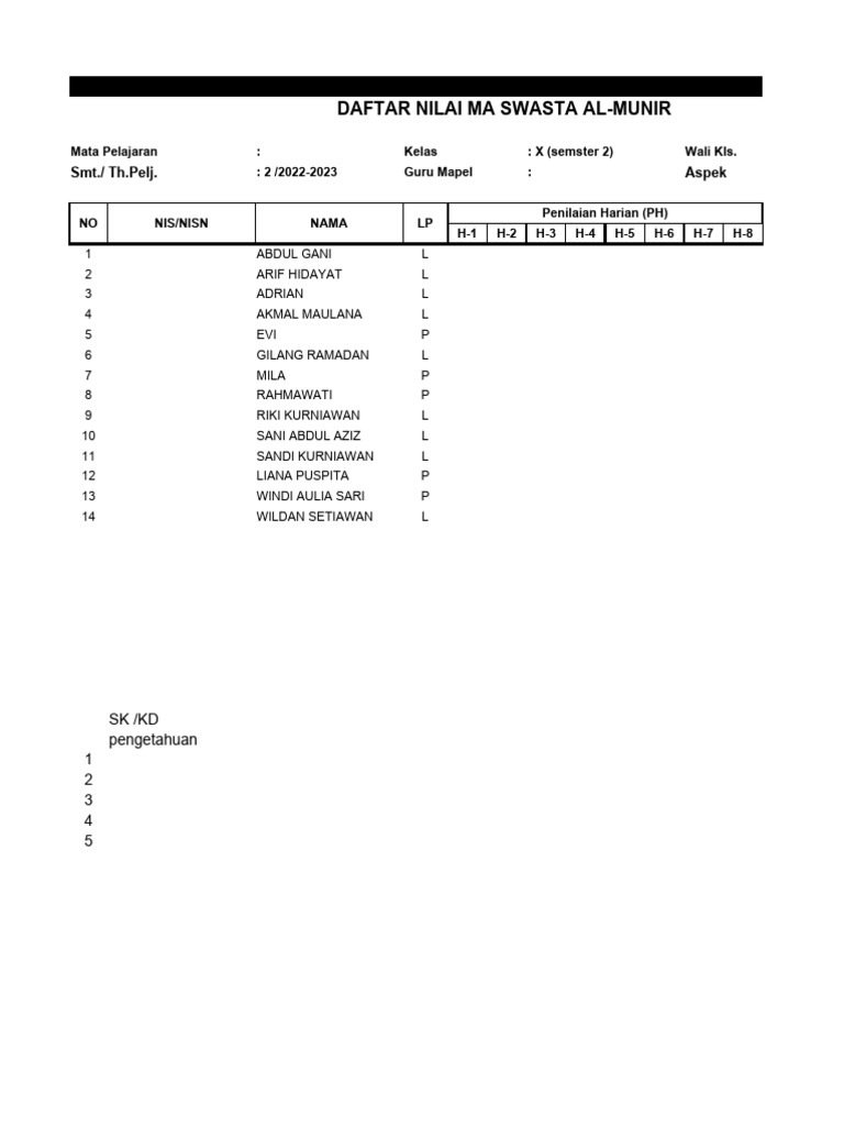 Blangko Nilai Kelas X SEM 2 2022-2023 | PDF
