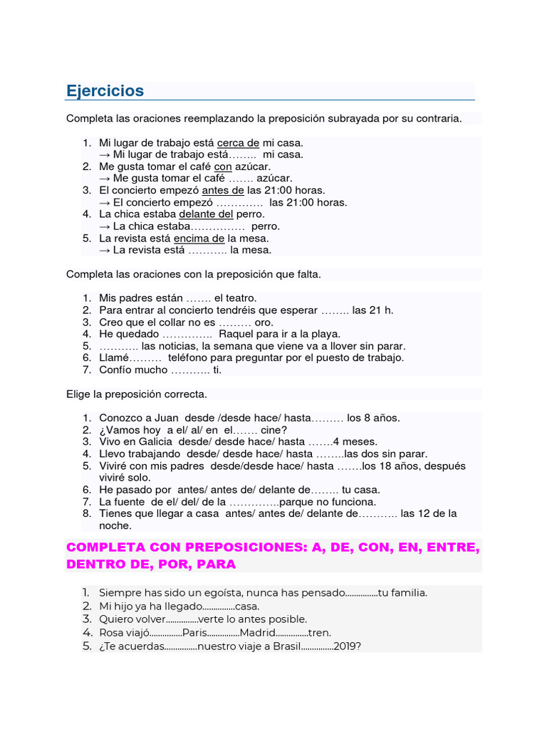 Ejercicios de Preposiciones en Español | PDF